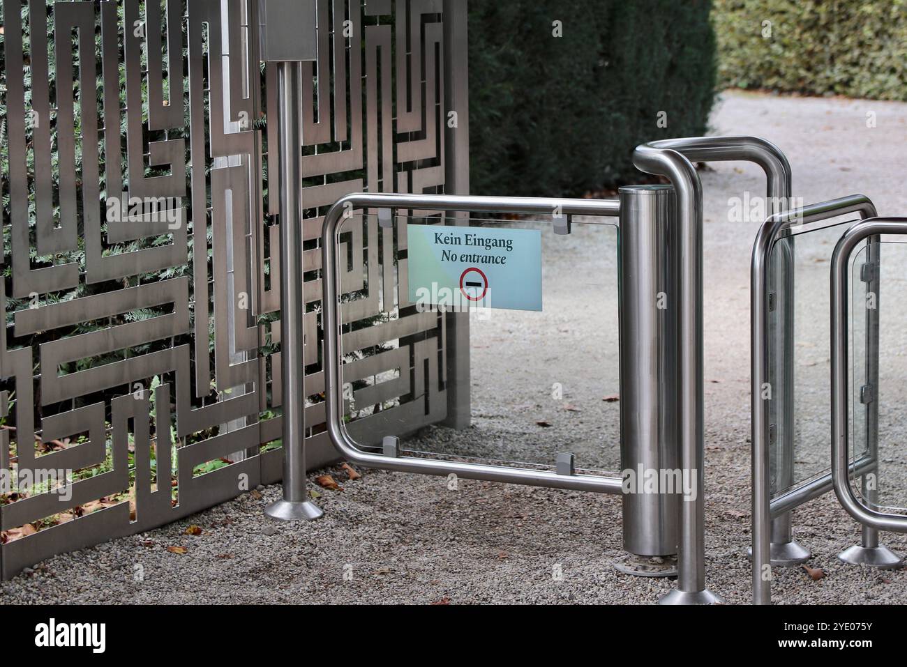 Modern Stainless Steel Gate with 'No Entrance' Sign – Bilingual Warning ...