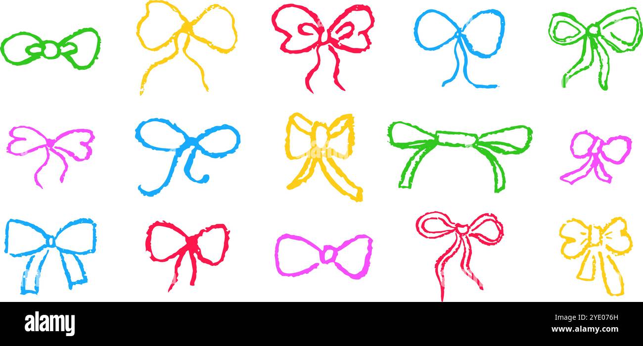 Set of bows drawn with pastel or charcoal pencil. Colorful chalk bow gift ribbon line simple ...