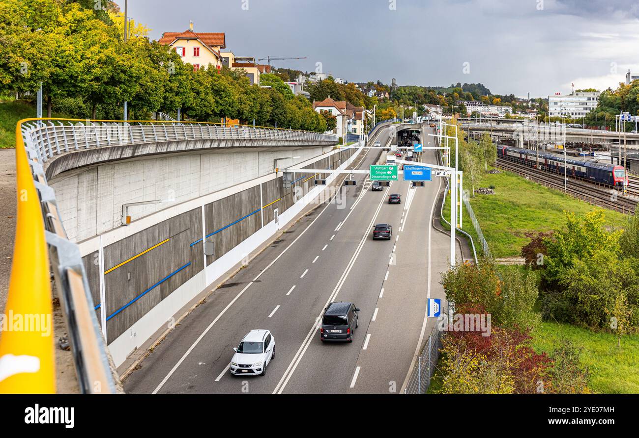 Schaffhausen, Switzerland, 11th Oct 2024: View from above of the A4 ...
