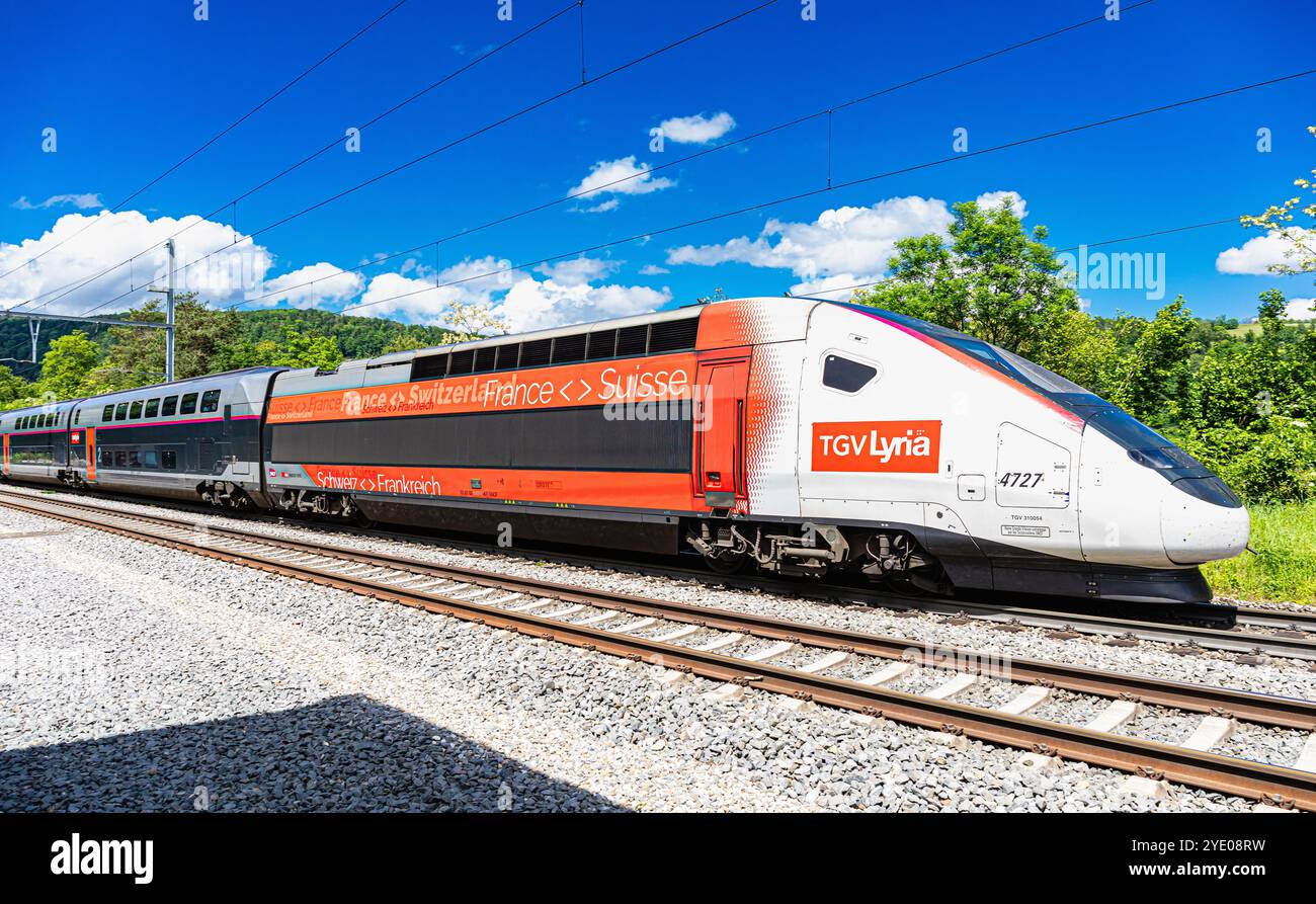 Böztal, Switzerland, 19th May 2024: A TGV train runs on the route ...