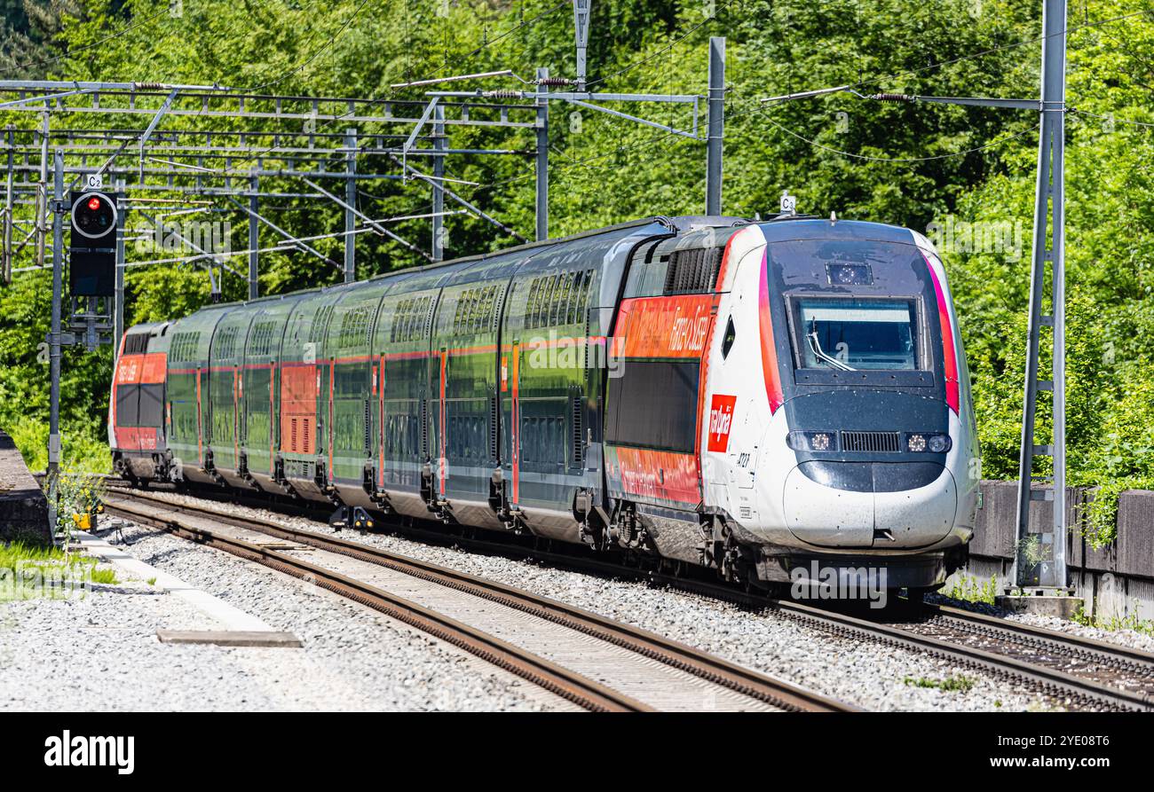 Böztal, Switzerland, 19th May 2024: A TGV train runs on the route ...