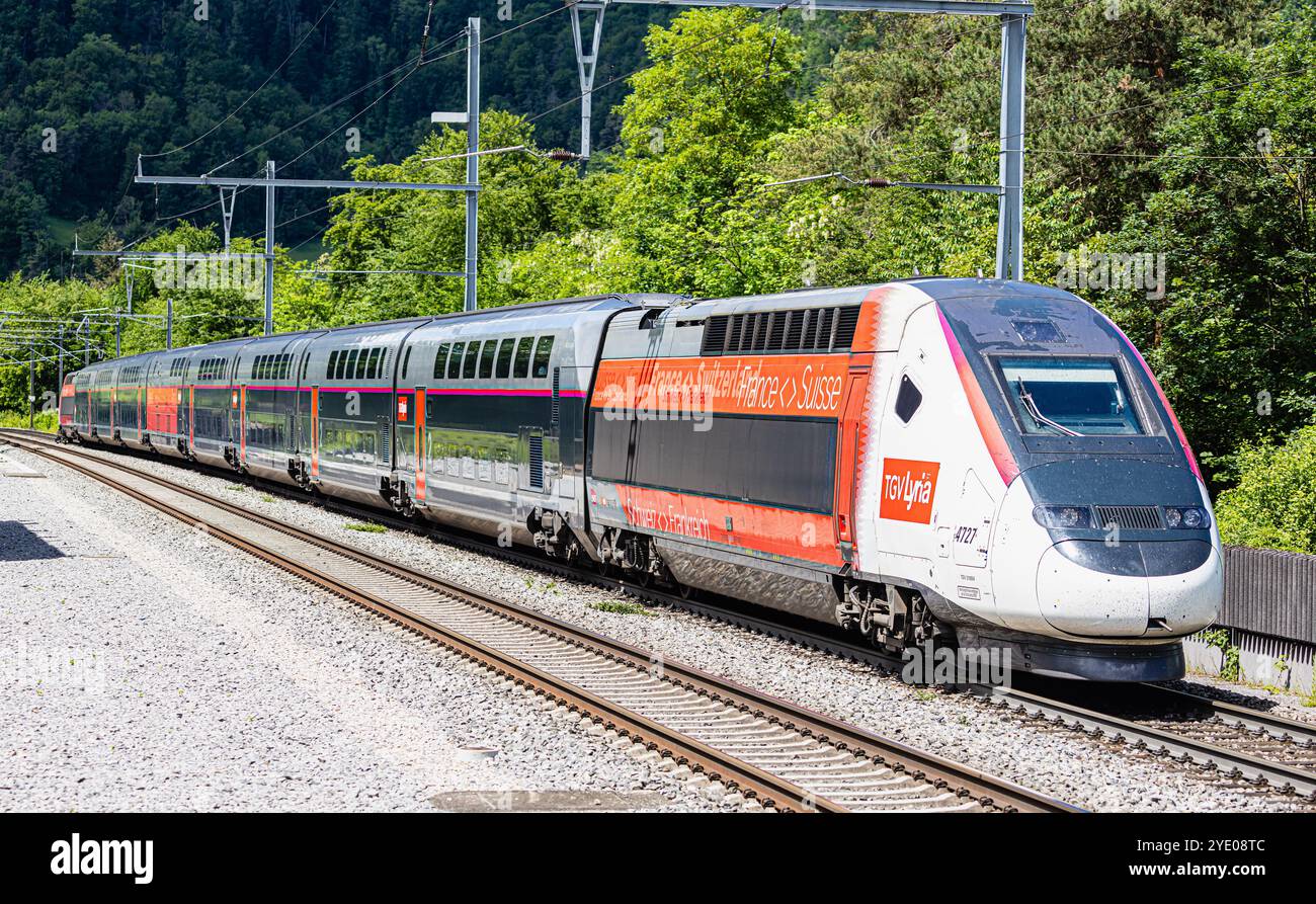 Böztal, Switzerland, 19th May 2024: A TGV train runs on the route ...