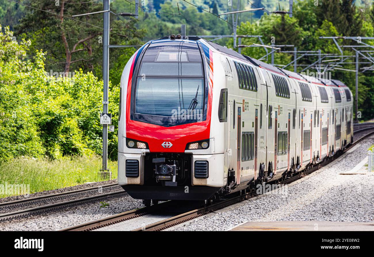 Böztal, Switzerland, 19th May 2024: A new IR-Dosto (SBB RABe 512) runs ...