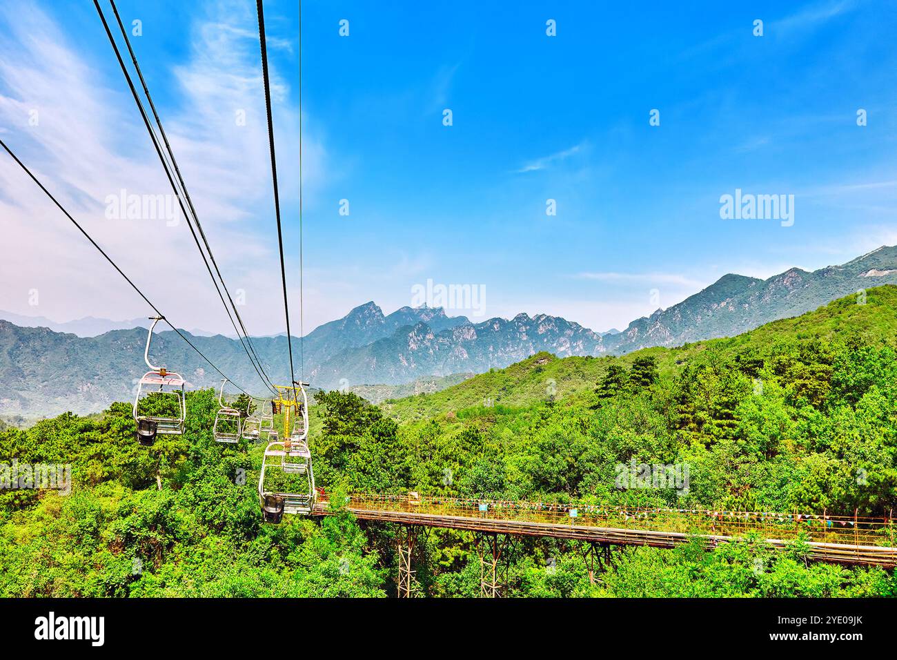 Cableway (aerial ropeway) on the rise on the Great Wall. Section ...