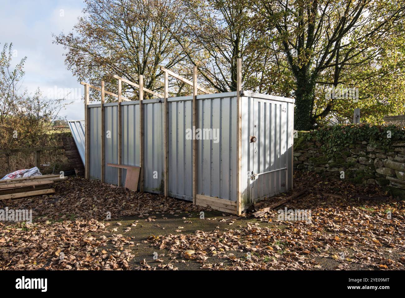 First stage of cladding a container with wood to make visually more ...