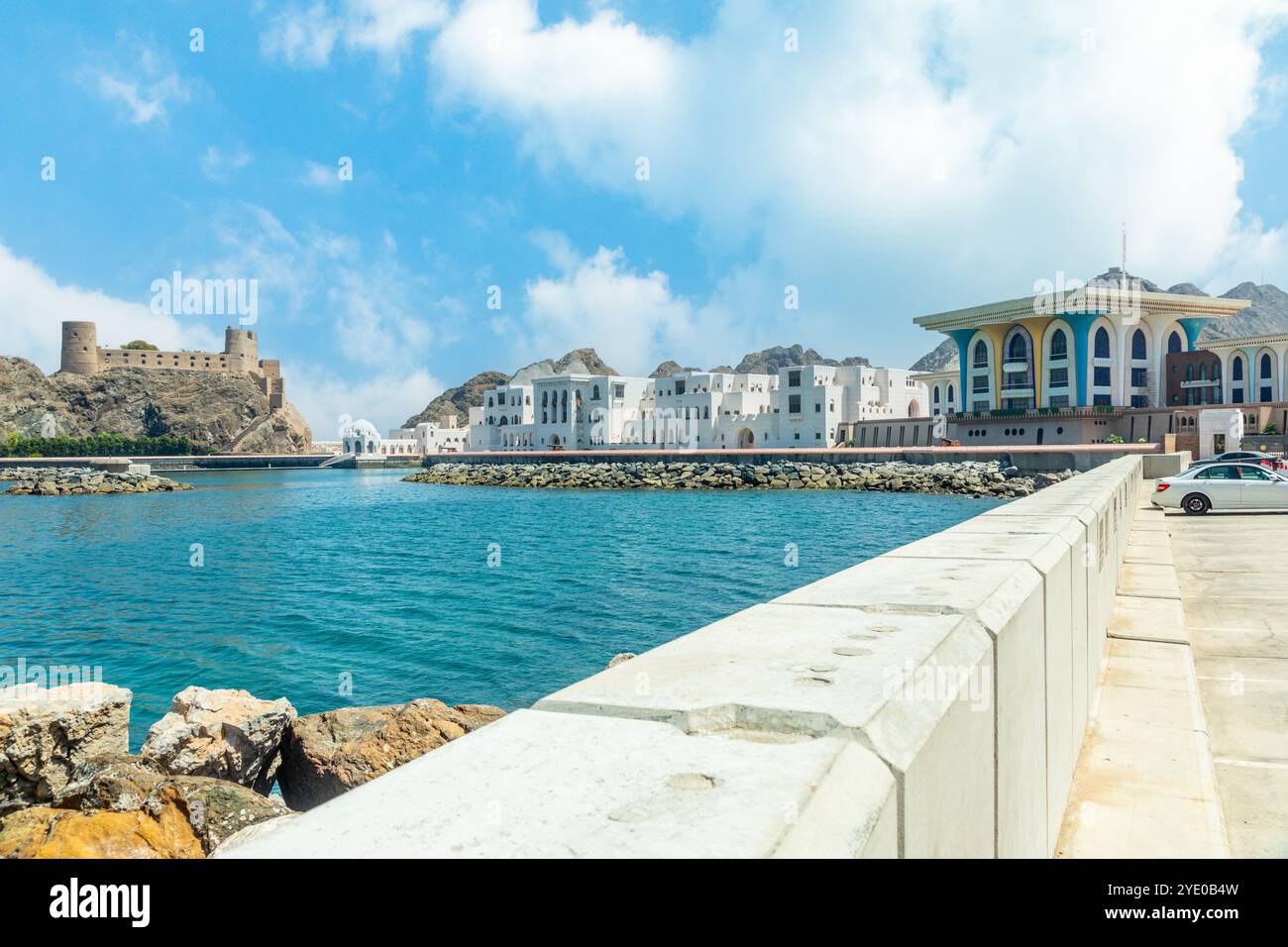 View to the arabian Al Jalali castle standing on the rocks and royal Al ...