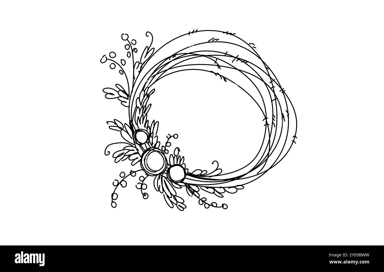 Single continuous line flower circle frame. Hand drawn round line ...