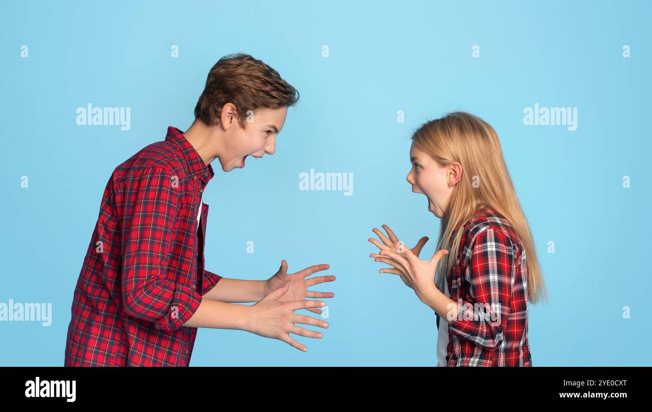 Angry Little Brother And Sister Emotionally Screaming At Each Other ...