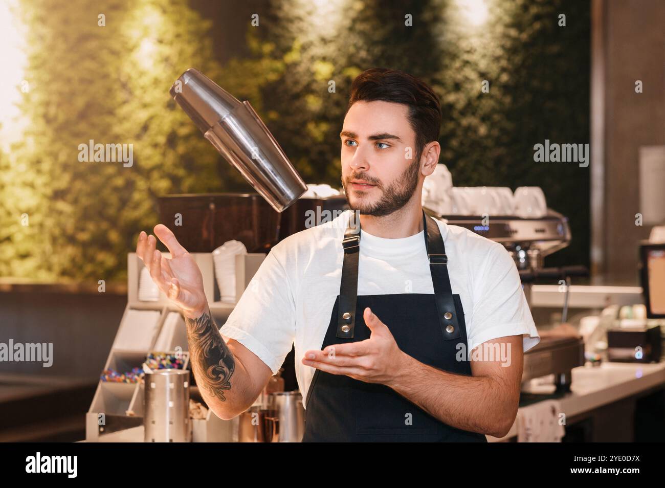 Bartender Using Shaker Making Cocktail Standing At Bar Counter Indoor ...
