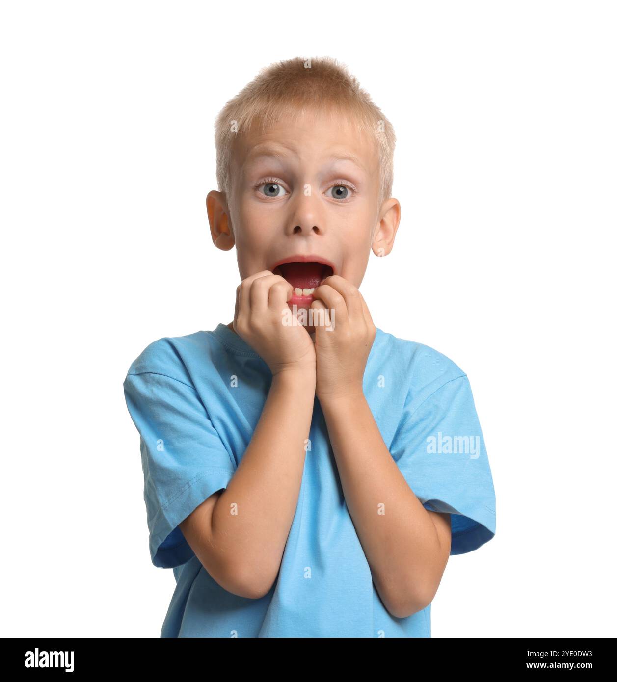 Portrait of scared little boy on white background Stock Photo - Alamy