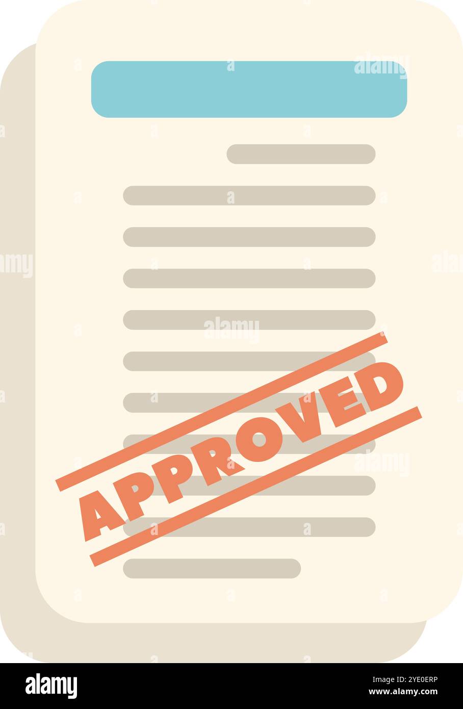 This flat style icon shows a document with text and a red approved ...