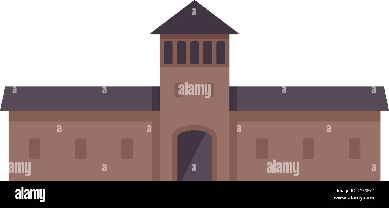 Medieval building featuring central tower with arched entrance, ancient ...