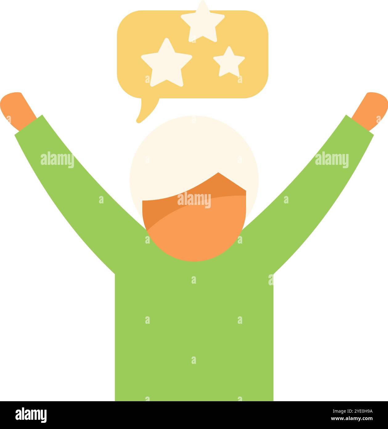 Man is raising his arms in the air with a speech bubble containing five ...