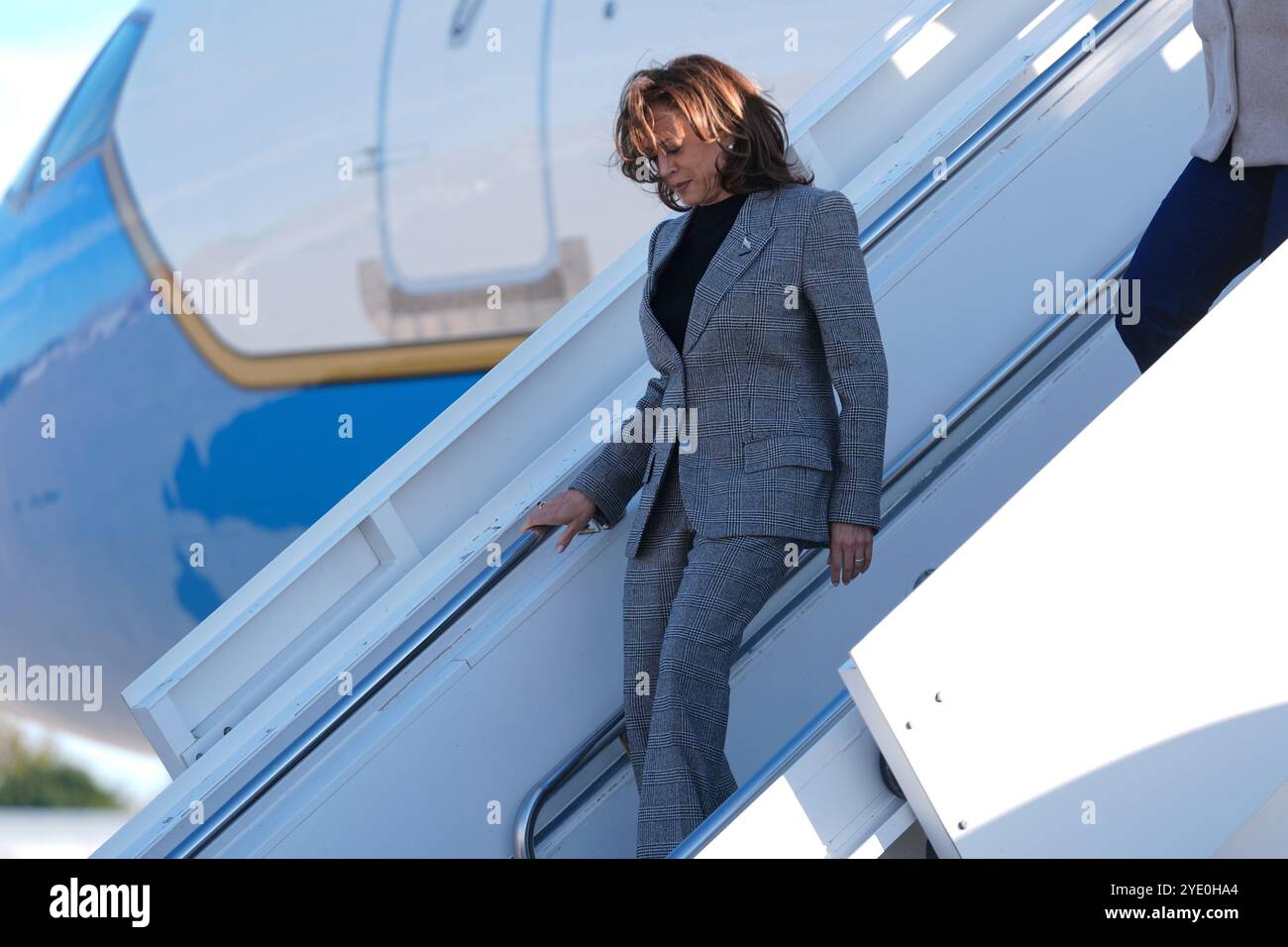 Democratic presidential nominee Vice President Kamala Harris arrives on Air Force Two at ...