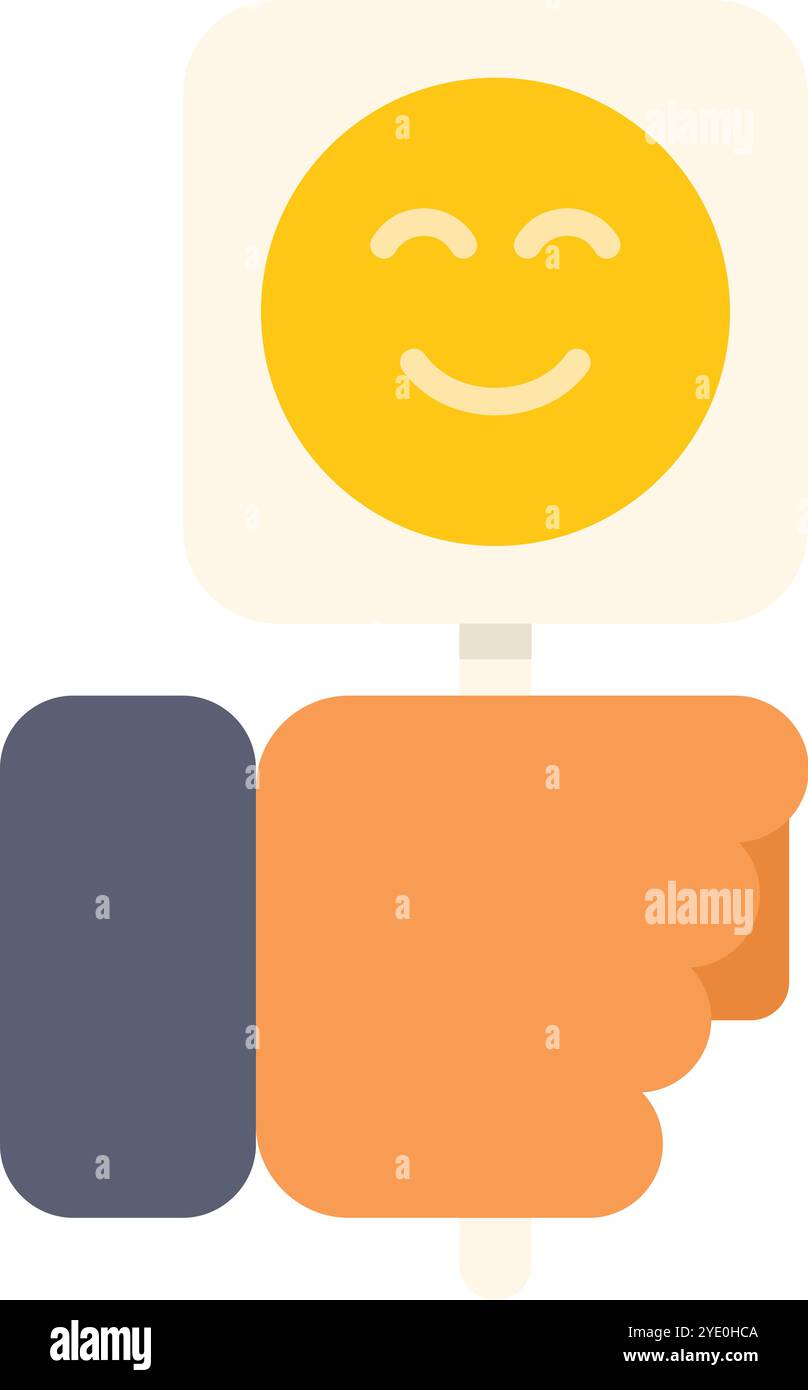 Hand holding a sign with a smiling emoji, conveying happiness and ...