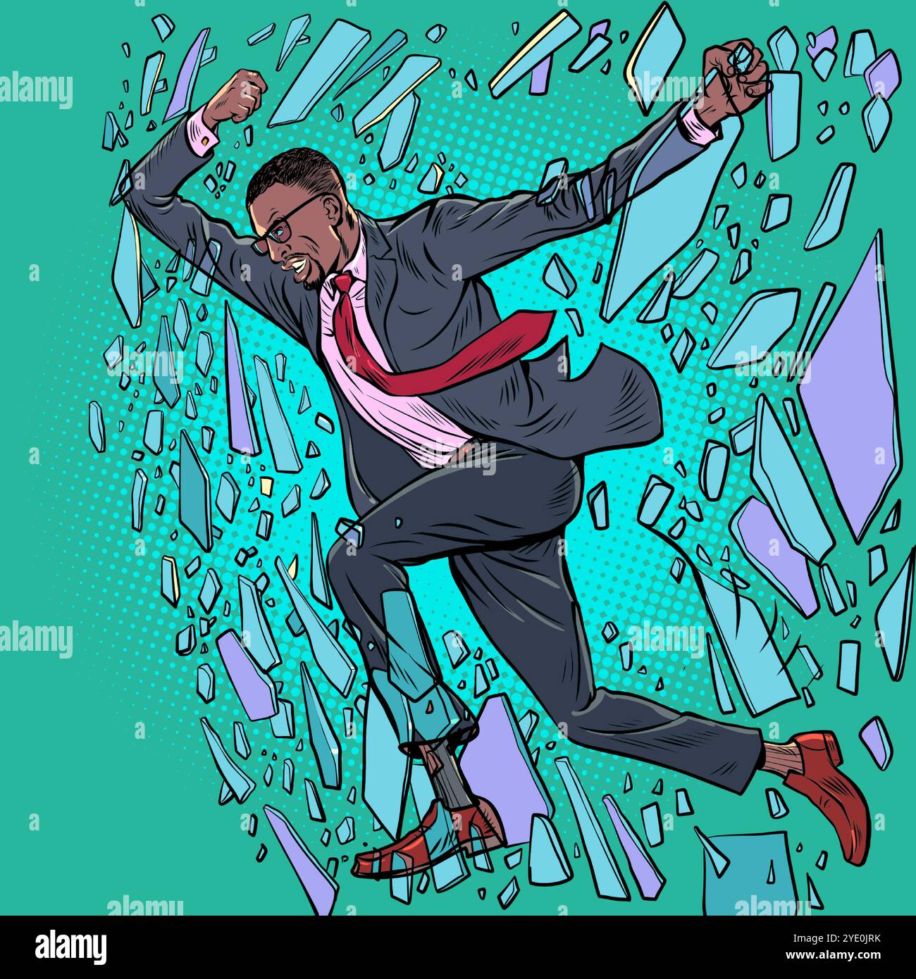 Breaking social shackles. Office man breaks glass. Striving to climb ...