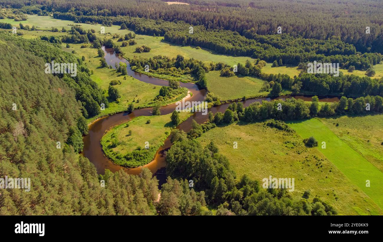 Steep bends and loops of the Merkys river, from above, Merkine area ...