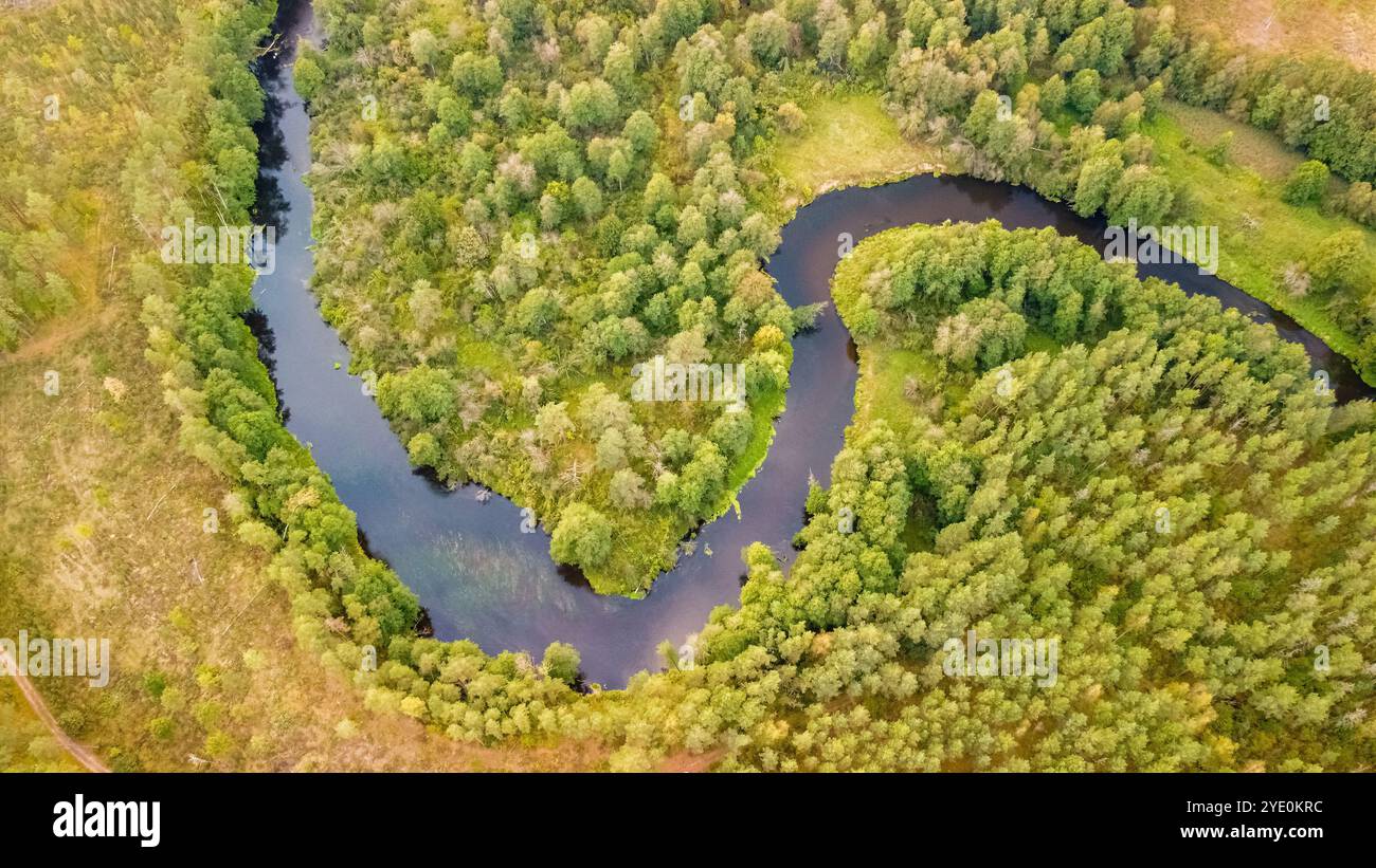 Steep bends and loops of the Merkys river, from above, Lithuania Stock ...