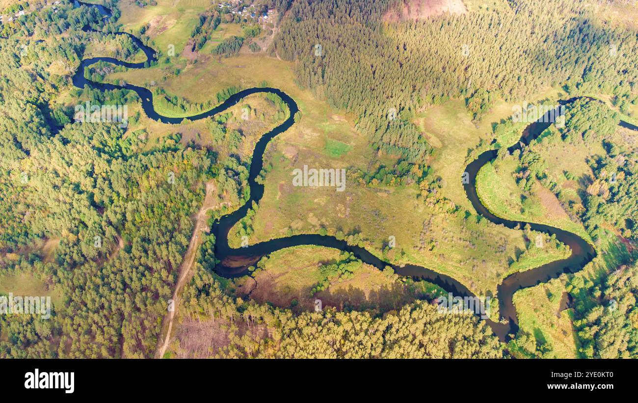 Steep bends and loops of the Merkys river, from above, Lithuania Stock ...