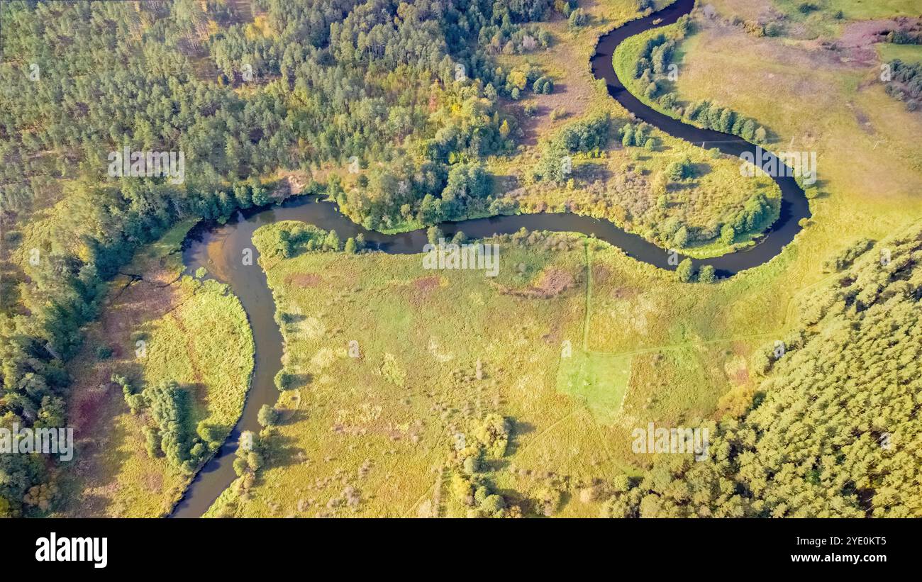 Steep bends and loops of the Merkys river, from above, Lithuania Stock ...