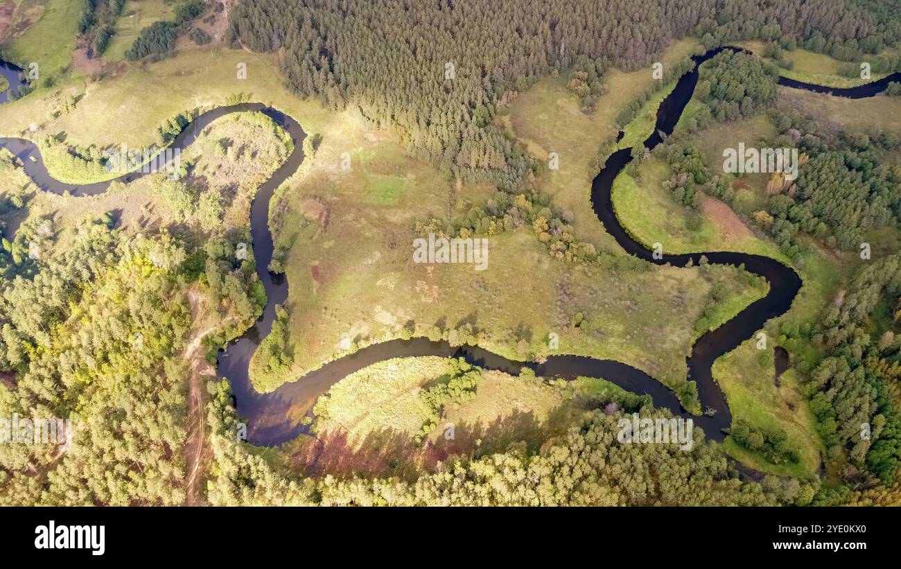 Steep bends and loops of the Merkys river, from above, Lithuania Stock ...