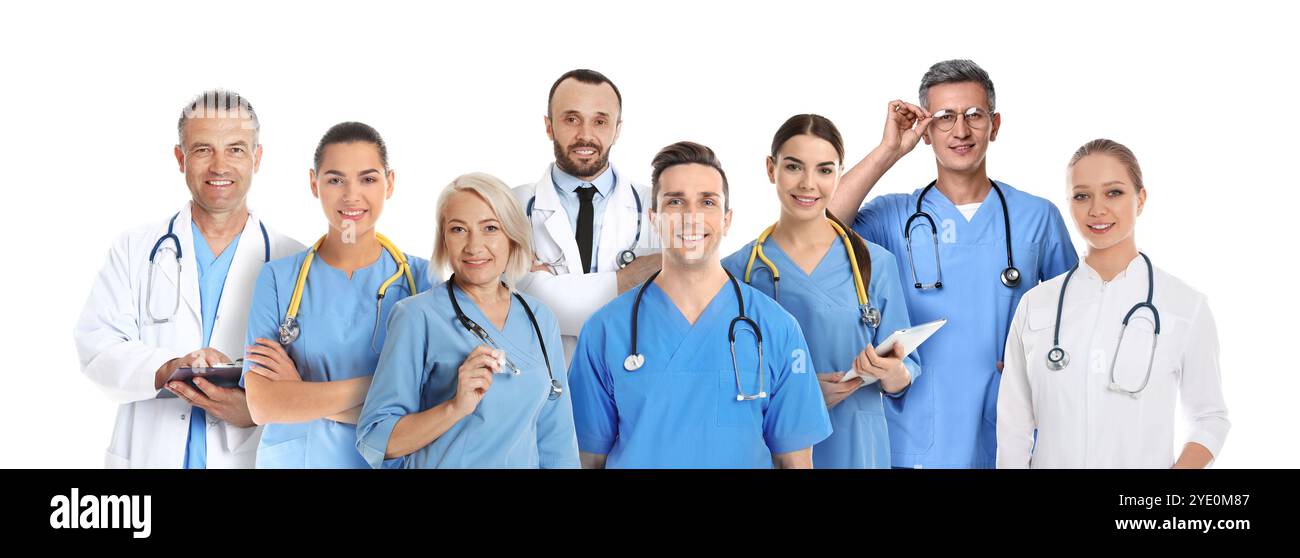 Different healthcare workers in uniforms on white background Stock ...