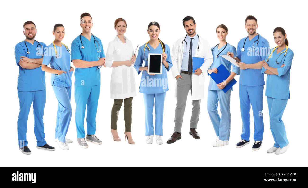 Different healthcare workers in uniforms on white background Stock ...