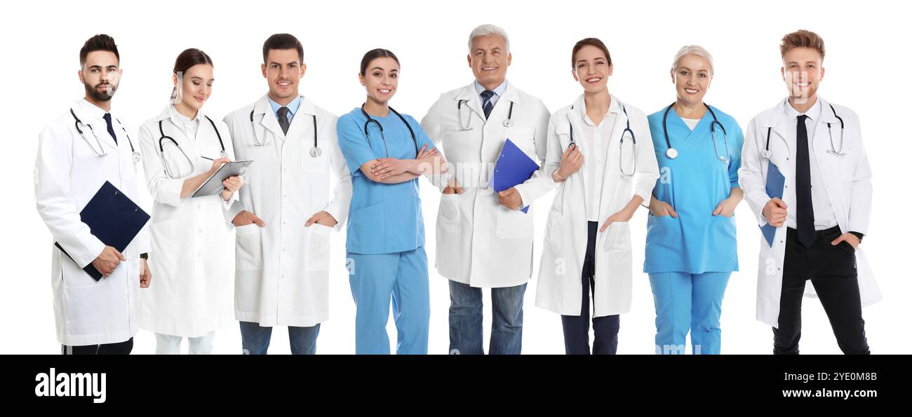 Different healthcare workers in uniforms on white background Stock ...