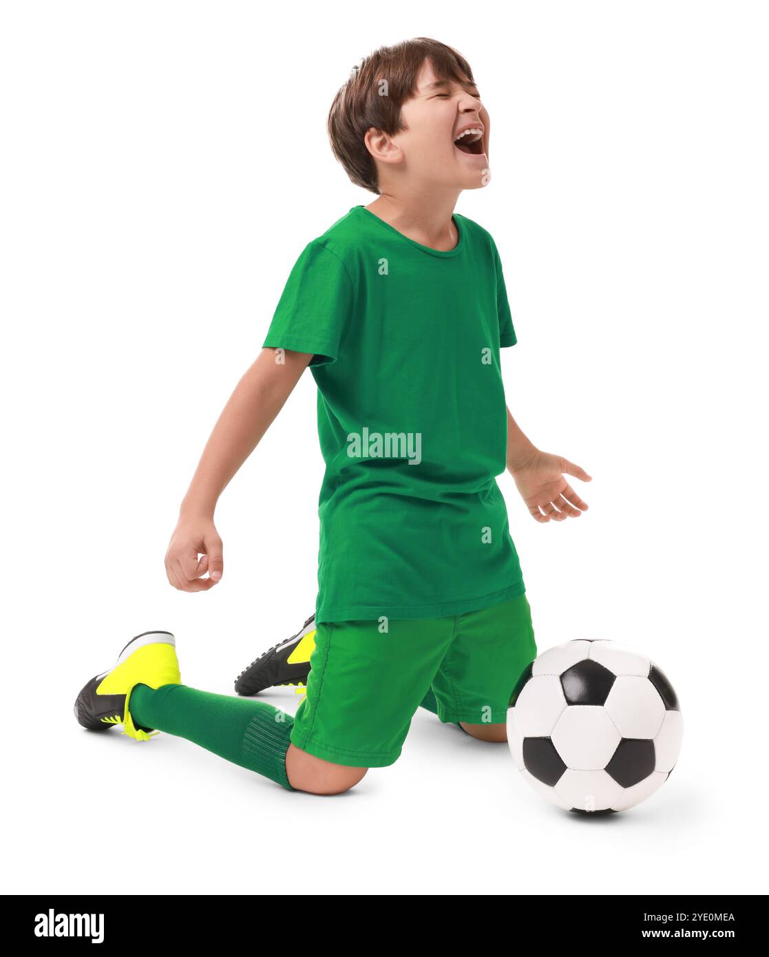 Emotional football player with soccer ball on white background Stock ...