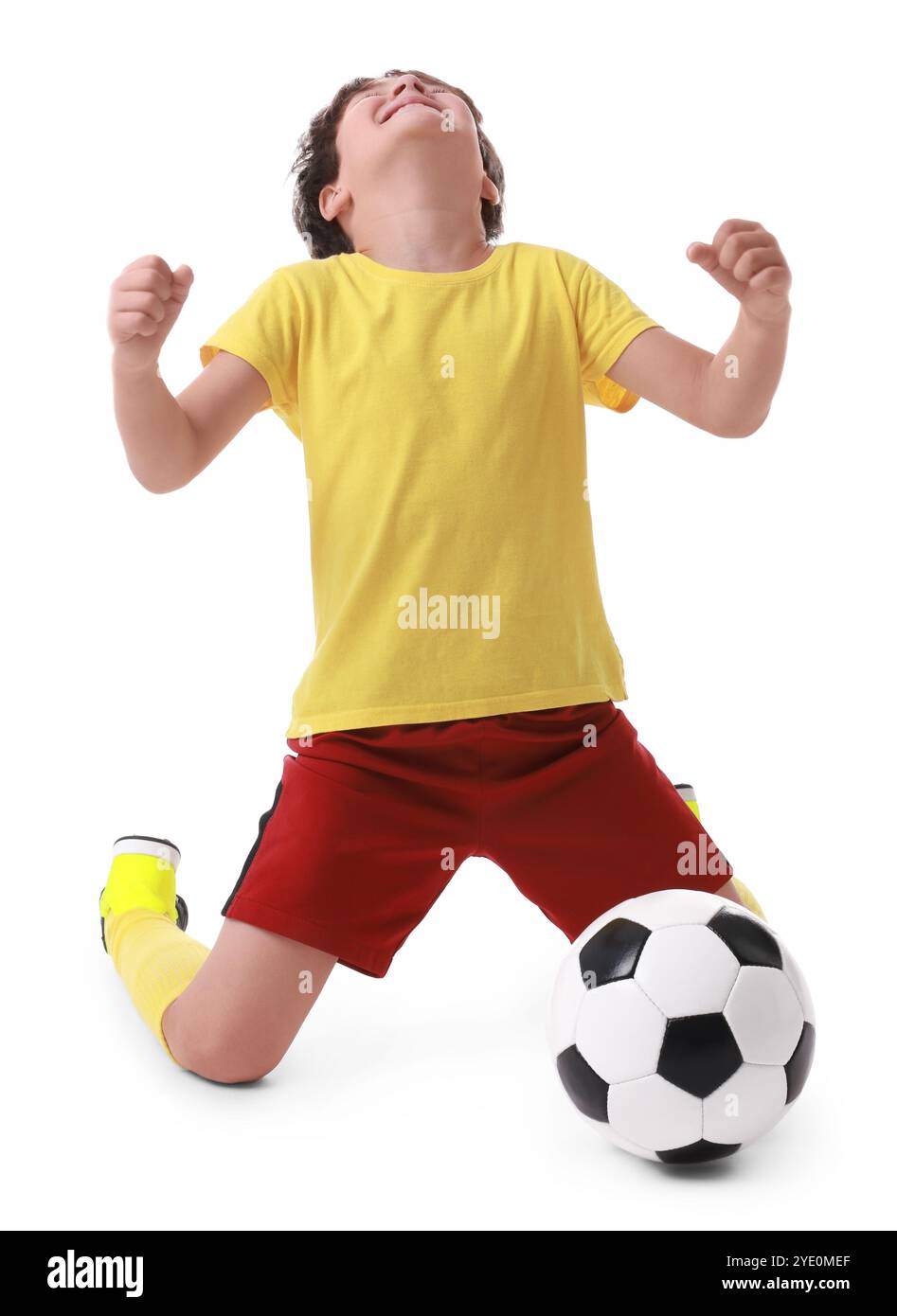 Emotional football player with soccer ball on white background Stock ...