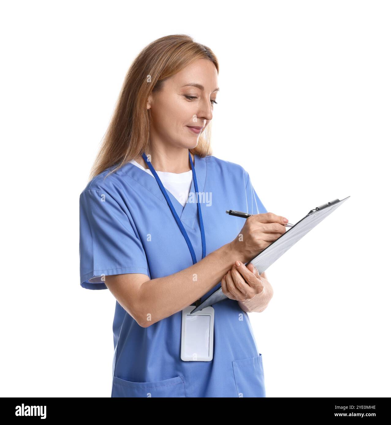 Doctor with clipboard writing notes on white background Stock Photo - Alamy