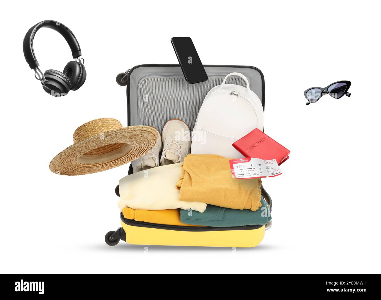 Suitcase with clothes and other flying items on white background. Ready ...