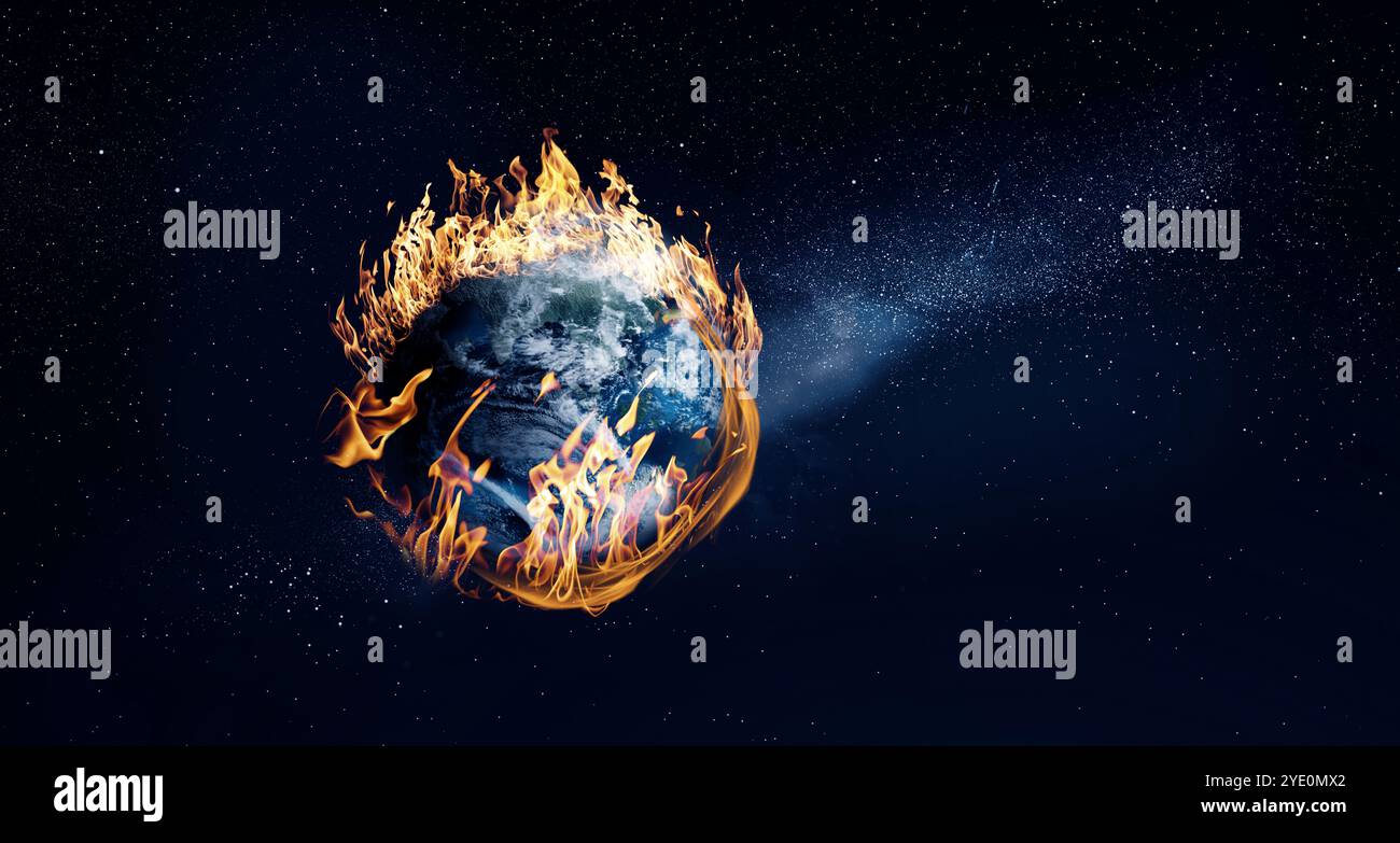 Planet Earth on fire in space, banner design. Conceptual image for ...