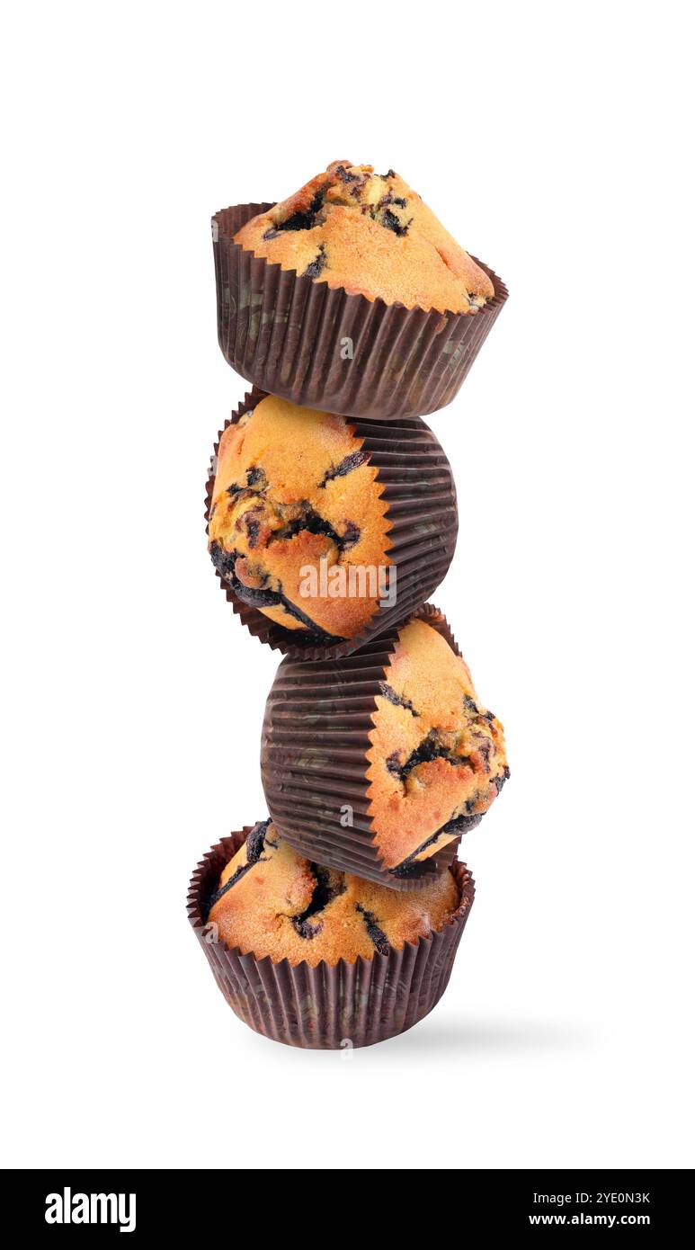 Stacked tasty blueberry muffins on white background Stock Photo - Alamy