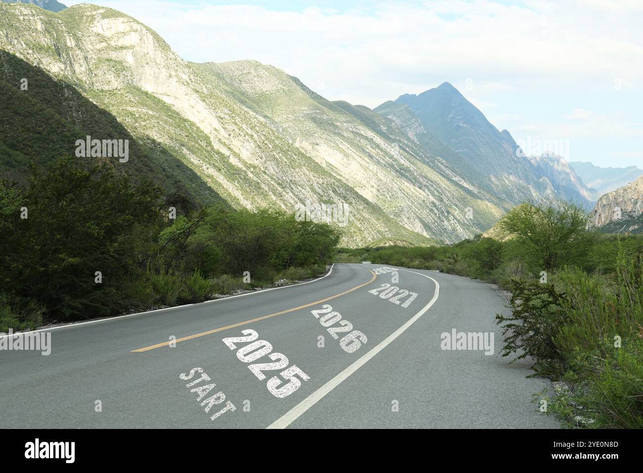 Asphalt road with Start, 2025, 2026 and so on signs. Concept of new ...