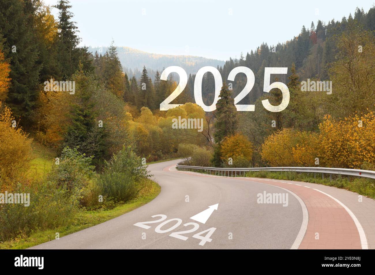 Asphalt road with arrow and 2024 leading to 2025 sign. Concept of new ...