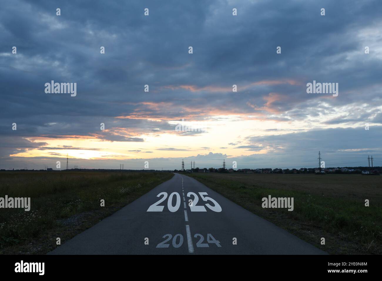 Asphalt road with 2024 and 2025 signs. Concept of new year, fresh ...
