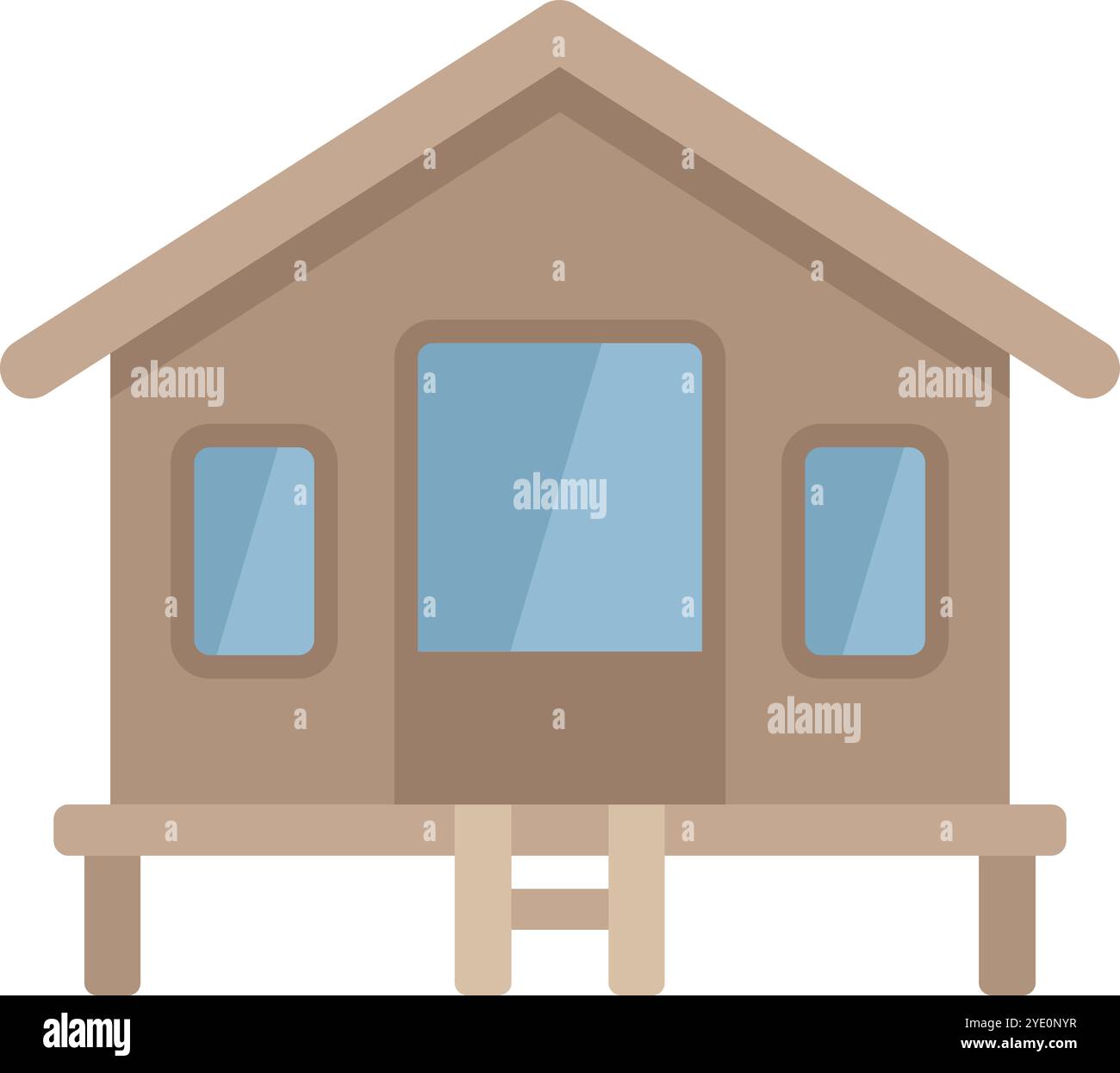 Simple illustration of a wooden bungalow standing on stilts over water, in a flat design style ...