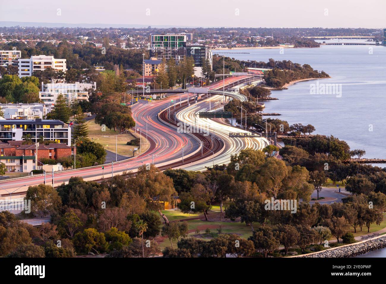 Light trails from busy traffic on a highway in Perth, Australia at ...