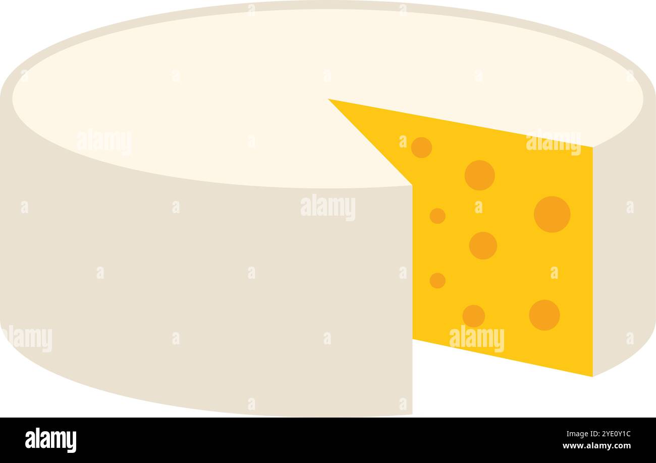 This vector illustration features a round cheese wheel with a slice cut ...