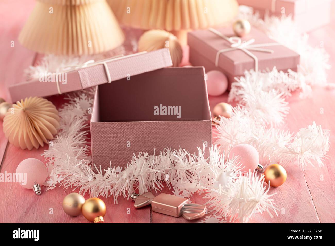 Wonderful Christmas gift box with decorations and baubles. Cozy ...