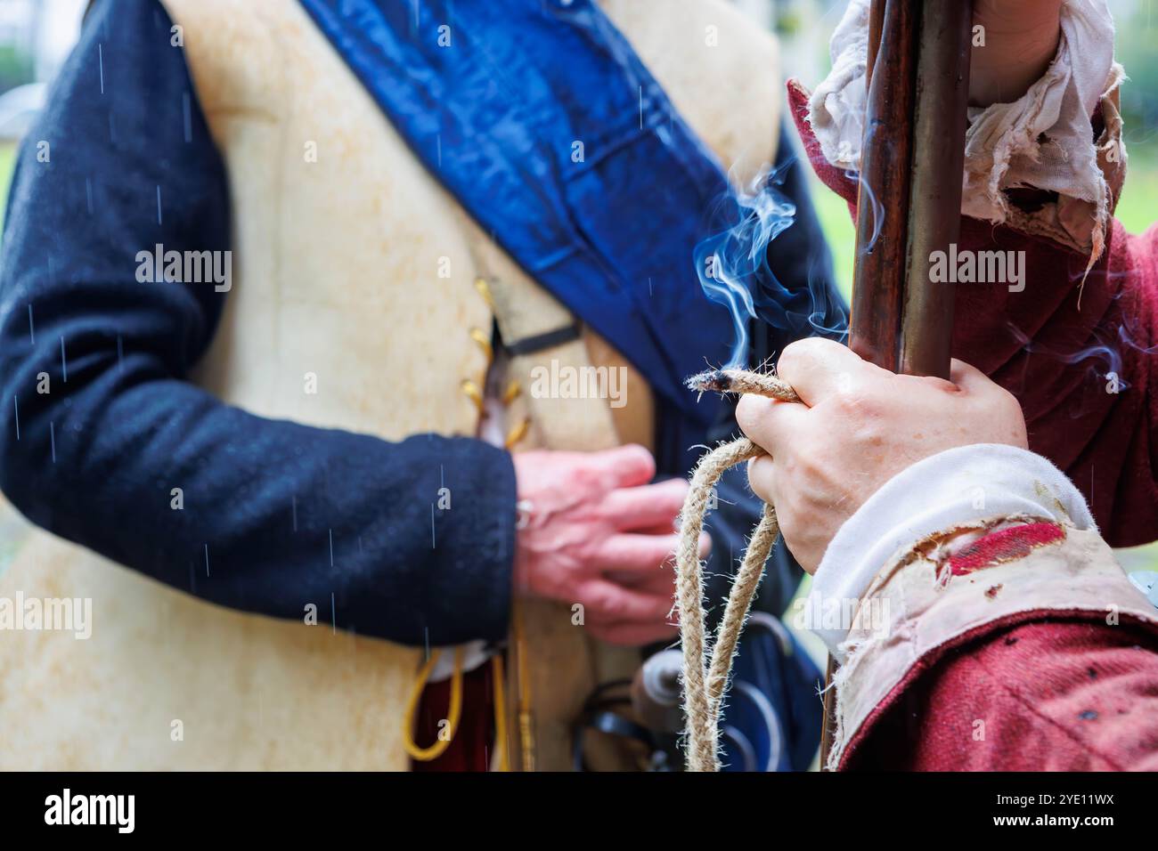 Battle of Winwick Civil War re-enactor stands with matchlock musket and ...