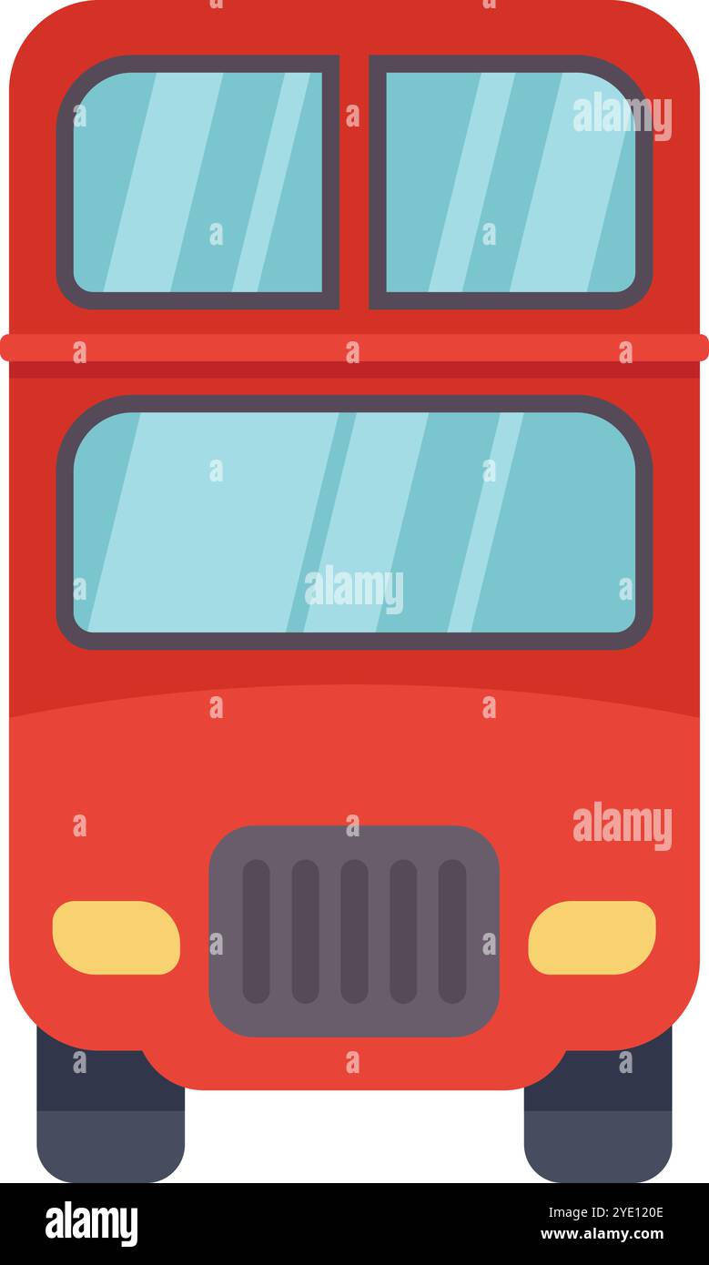 Red double decker bus driving front view, public transportation in ...