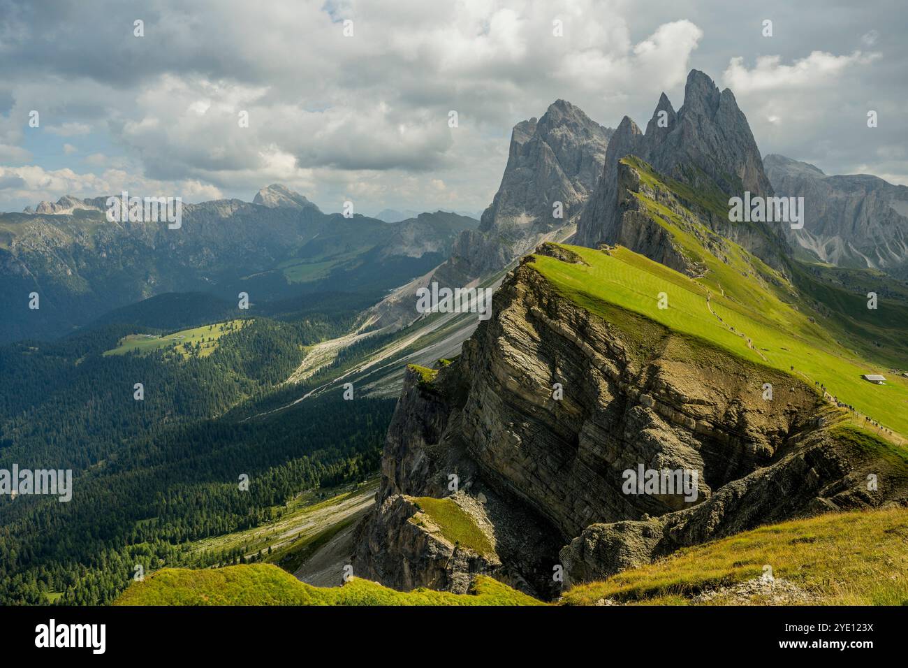 View of the Odle Peaks and people hiking from Seceda Mountain, above ...