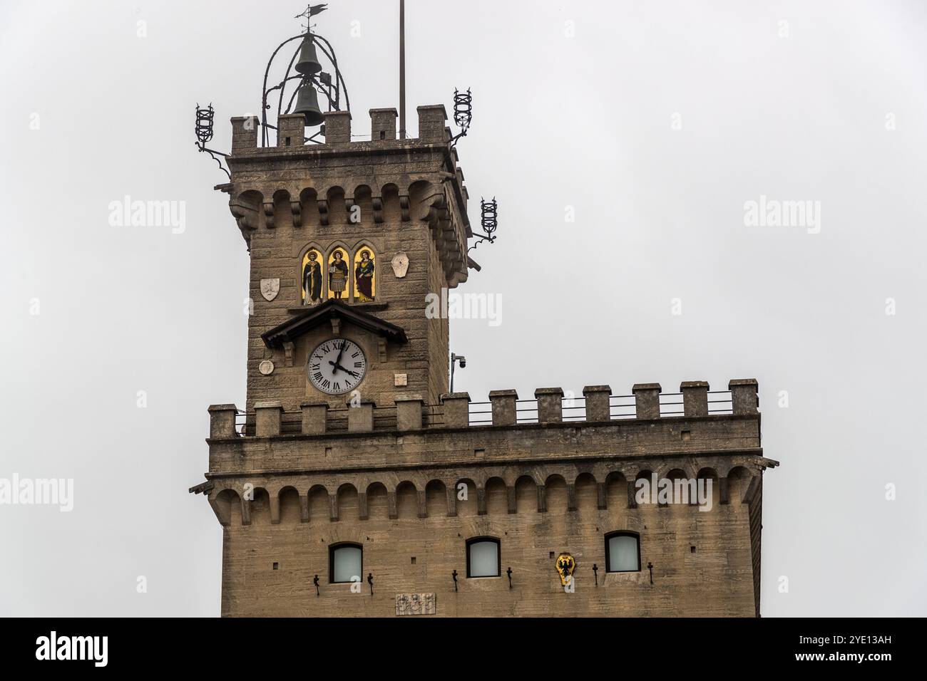 Bell tower of the parliament building of San Marino with the three ...