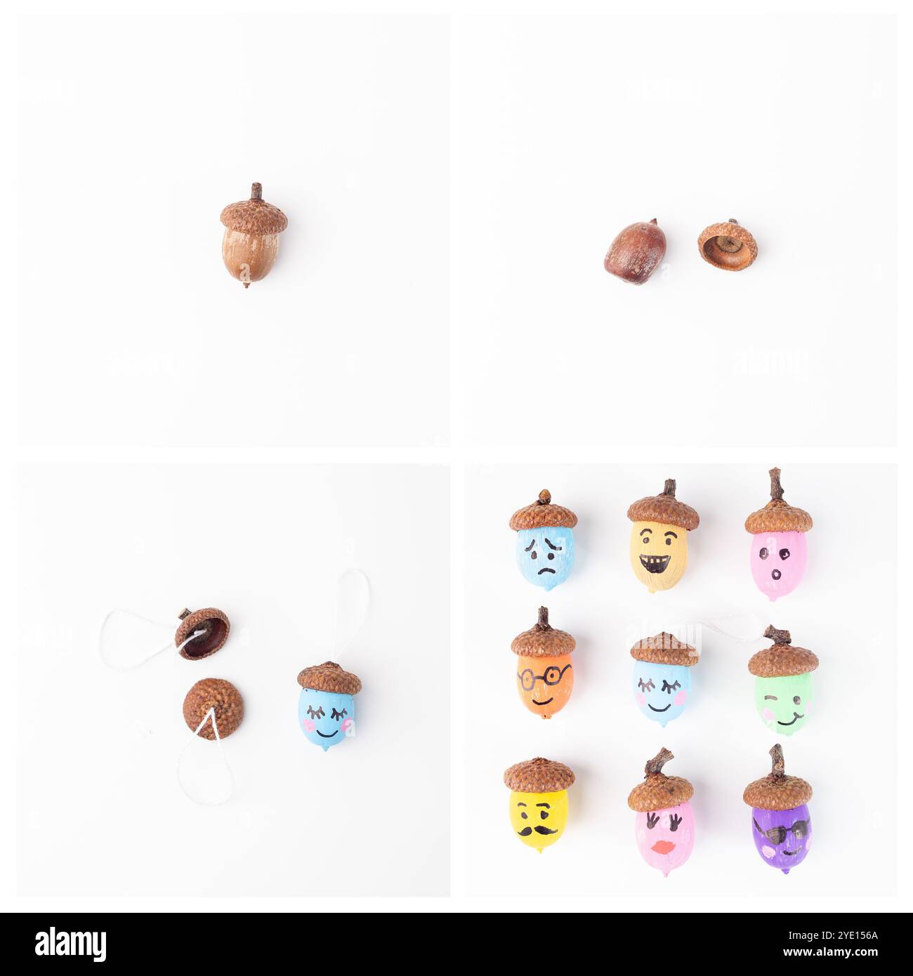 step by step instruction, colorful acorns with painted faces on white ...