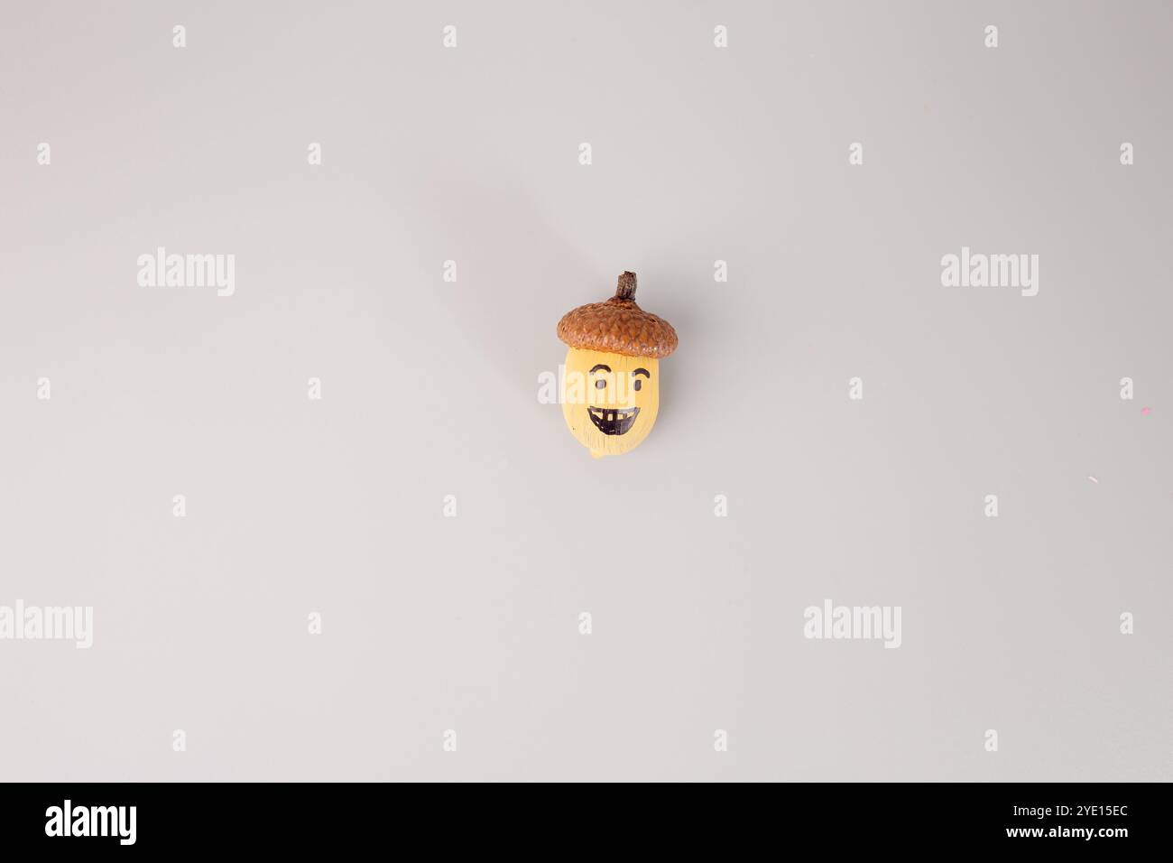 a yellow acorn with a wide grin and black teeth. top view, grey ...