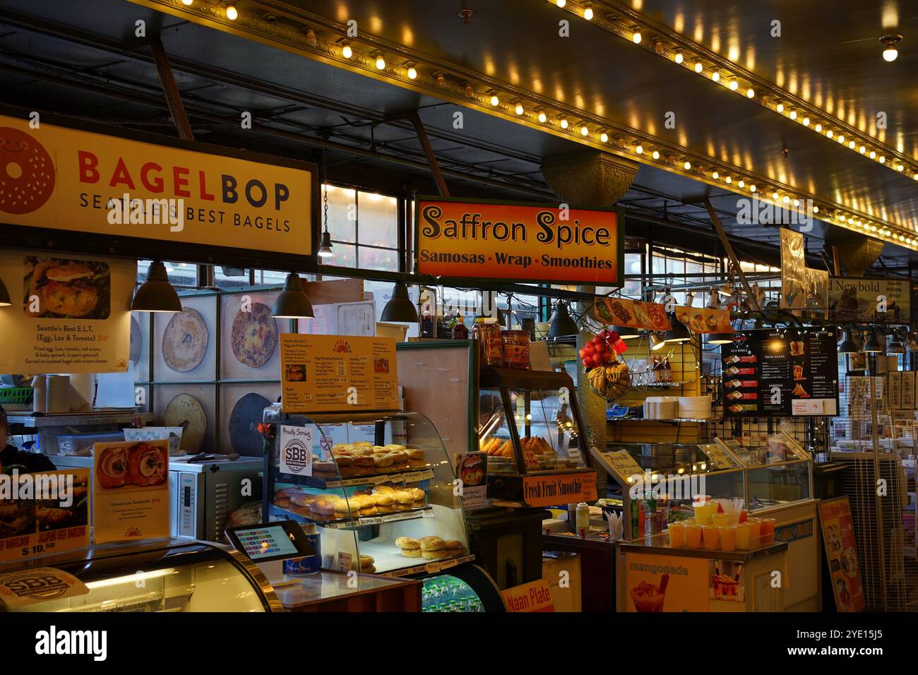 Early morning stalls in Pike Place Market, Seattle, Washington, USA ...