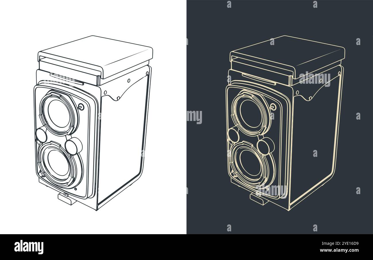 Stylized vector illustrations of a twin-lens reflex vintage camera ...
