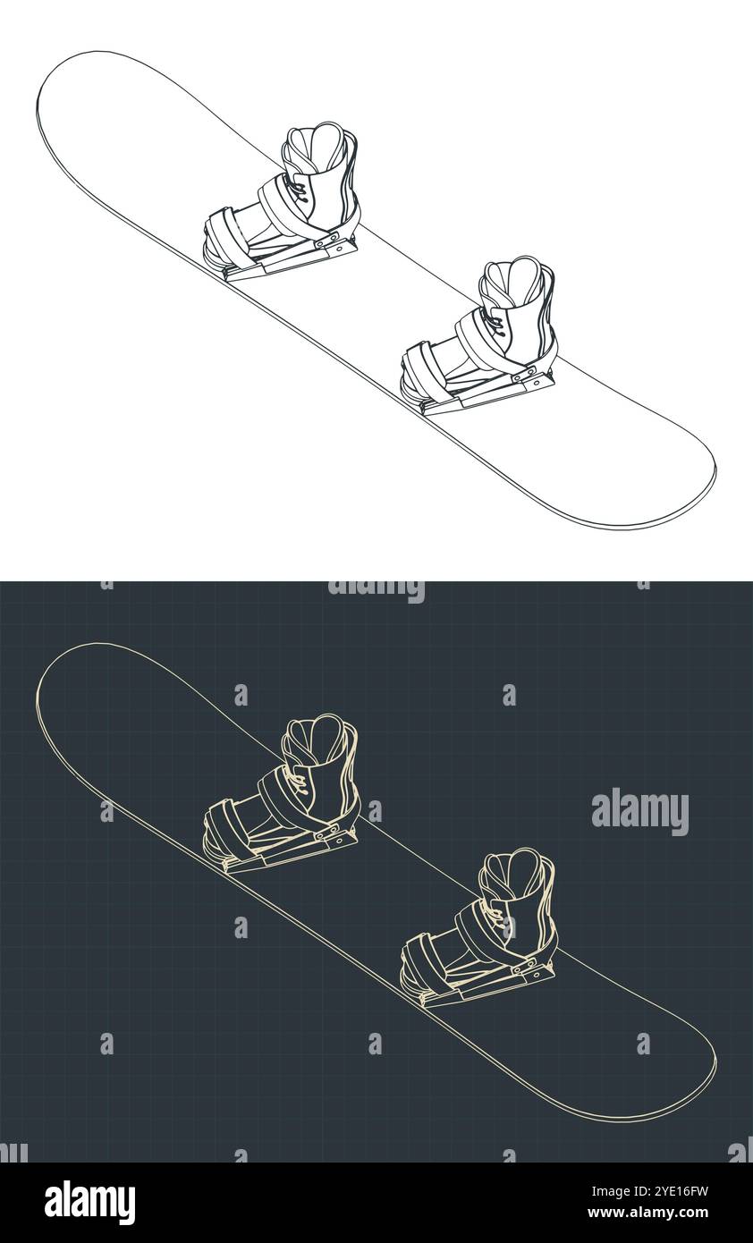 Snowboard board and boots isometric blueprint. Snowboard set Stock ...